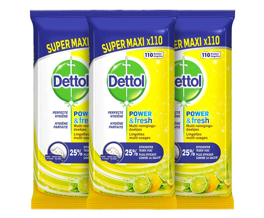 3 x 110 Dettol Reinigingsdoekjes Power En Fresh Citrus Aanbi